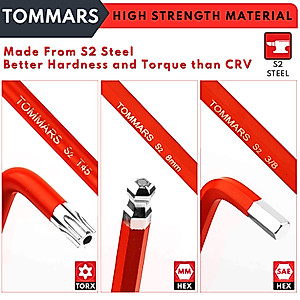 TOMMARS Hex Key Set Magnetic Ball End S2 Steel With T-Handle Hex Key Allen Wrench Set SAE(1/16"-3/8") Metric(1.5mm-10mm) TORX(T10-T50)