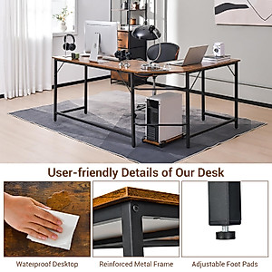 COSTWAY L-Shaped Desk with CPU Stand, 66 Inch Wooden Top Space-saving Corner Desk w/Metal Frame, Large Computer Gaming PC Desk, Writing Table Study Desk for Bedroom, Study, Office (Rustic Brown)