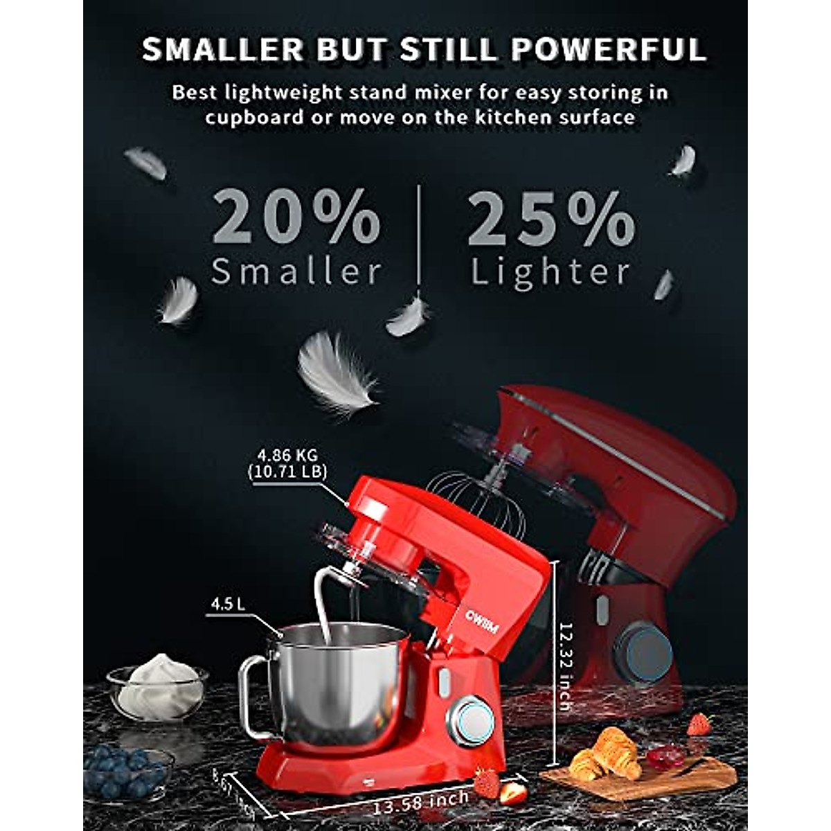 Stand Mixer, CWIIM 10+P Speed 4.8 QT Food Mixer with Dough Hook Whisk Beater Splash Guard Mixing Bowl, Tilt-Head Kitchen Electric Mixer for Baking Egg Bread Cakes Cookie Pizza Salad (Red)