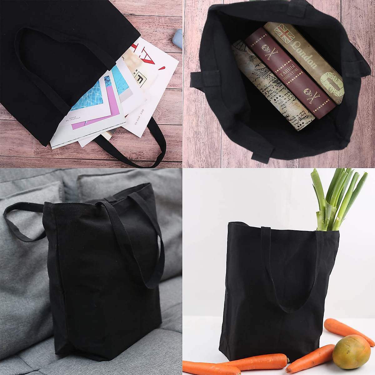 2 Pcs Black Reusable Large Canvas Tote Bags, Blank Multi-purpose Canvas Bags, Suitable for DIY Project, Grocery Bags, Shopping Bags, Book Bags, Gift Bags. Cotton bags. (Size: 15.7''x15.7''x4.7'')