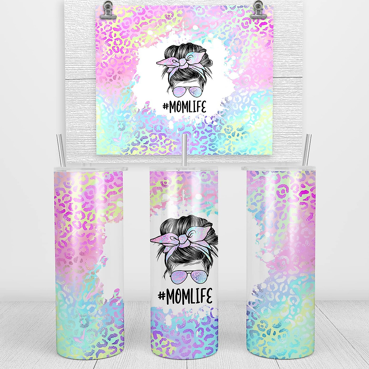 YouNique Designs Iridescent Leopard Mom Coffee Tumbler with Straw and Lid, 20 Oz, Insulated Stainless Steel Skinny Tumbler for Women, Mama Tea Tumbler, Mom Life Water Tumbler Cup