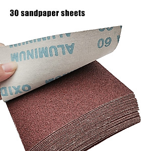 1/4 Sheet Sandpaper 4.5 x 5.5 Inch, Wet Dry Sand Paper, 30Pcs Sanding Sheets for Palm Sanders Hand Sanding Blocks on Woodworking, Metal, Primers, Automotive Paint, Detail Polishing (60 Grit)