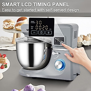 VEVOR 5 IN 1 Stand Mixer, 660W Tilt-Head Multifunctional Electric Mixer with 6 Speeds LCD Screen Timing, 7.4 Qt Stainless Bowl, Dough Hook, Flat Beater, Whisk, Scraper, Meat Grinder, Juice Cup - Gray