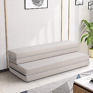 Giantex 4" Thick Folding Portable Mattress Pad Sofa Bed with Carrying Handles and Removable Washable Fabric, High-Density Foam Futon Sleepover Guest Easy to Store (Twin XL, Gray)