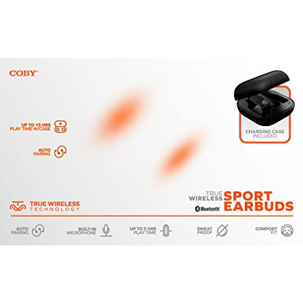 COBY True Wireless Sport Earbuds 15 Hours, Charging Case, Playback Controls, Siri and Google Assistant, Auto Bluetooth 5.0 Pairing, for Gym, Running, Workout - Works with iPhone, Android, iPad (Black)
