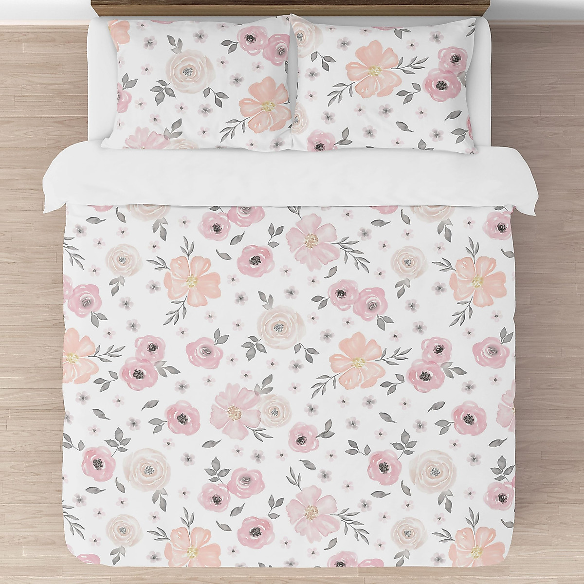 Sweet Jojo Designs Blush Pink, Grey and White Shabby Chic Watercolor Floral Girl Full/Queen Kid Childrens Bedding Comforter Set 3 Pieces - Rose Flower