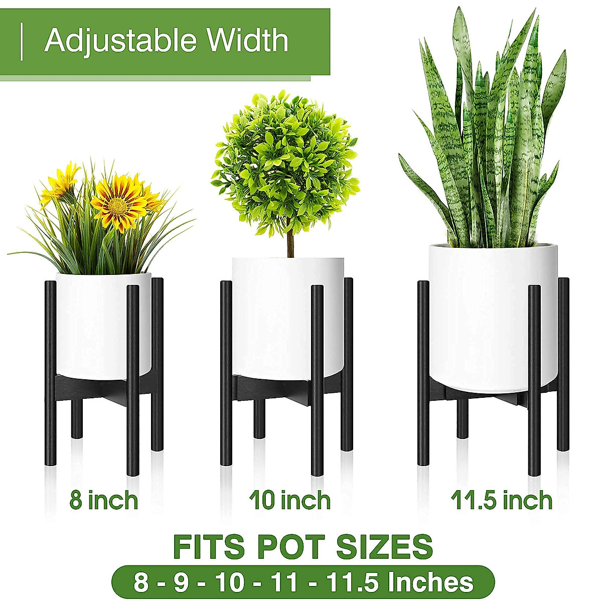 Hyenikoo Plant Stand - Adjustable Indoor Black Plant Stand, Plant Holder, Mid Century Corner Plant Stand with Tray - Fit 8 to 12 Inches Pots (Pot Not Included) - Bamboo Wood