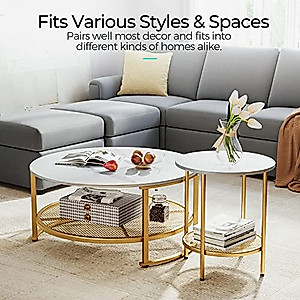 LINSY HOME Round Coffee Table for Living Room, Modern Coffee Table with Open Storage，Wood Surface Top & Sturdy Metal Legs Large Circle Coffee Table for Stylish Design Home，White and Gold