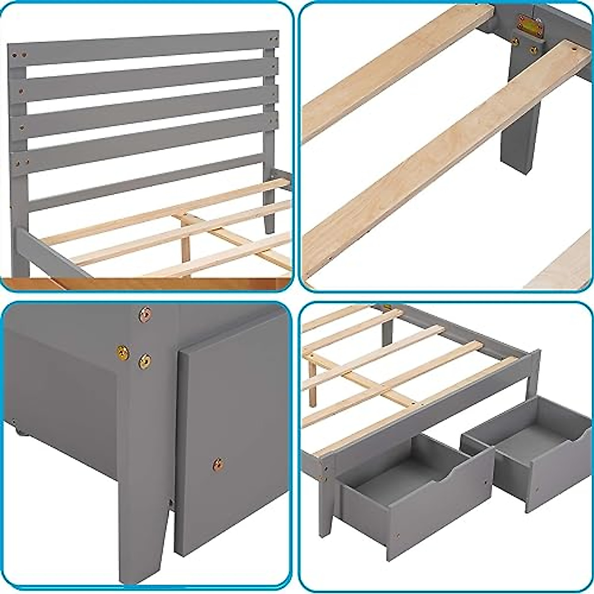 Novaris Queen Size Pine Platform Bed Frame with 2 Storage Drawers, Modern Classic Platform Bed with Headboard/Wood Slats Support/No Box Springs Needed for Bedroom Apartment Girls Boys (Queen, Gray)