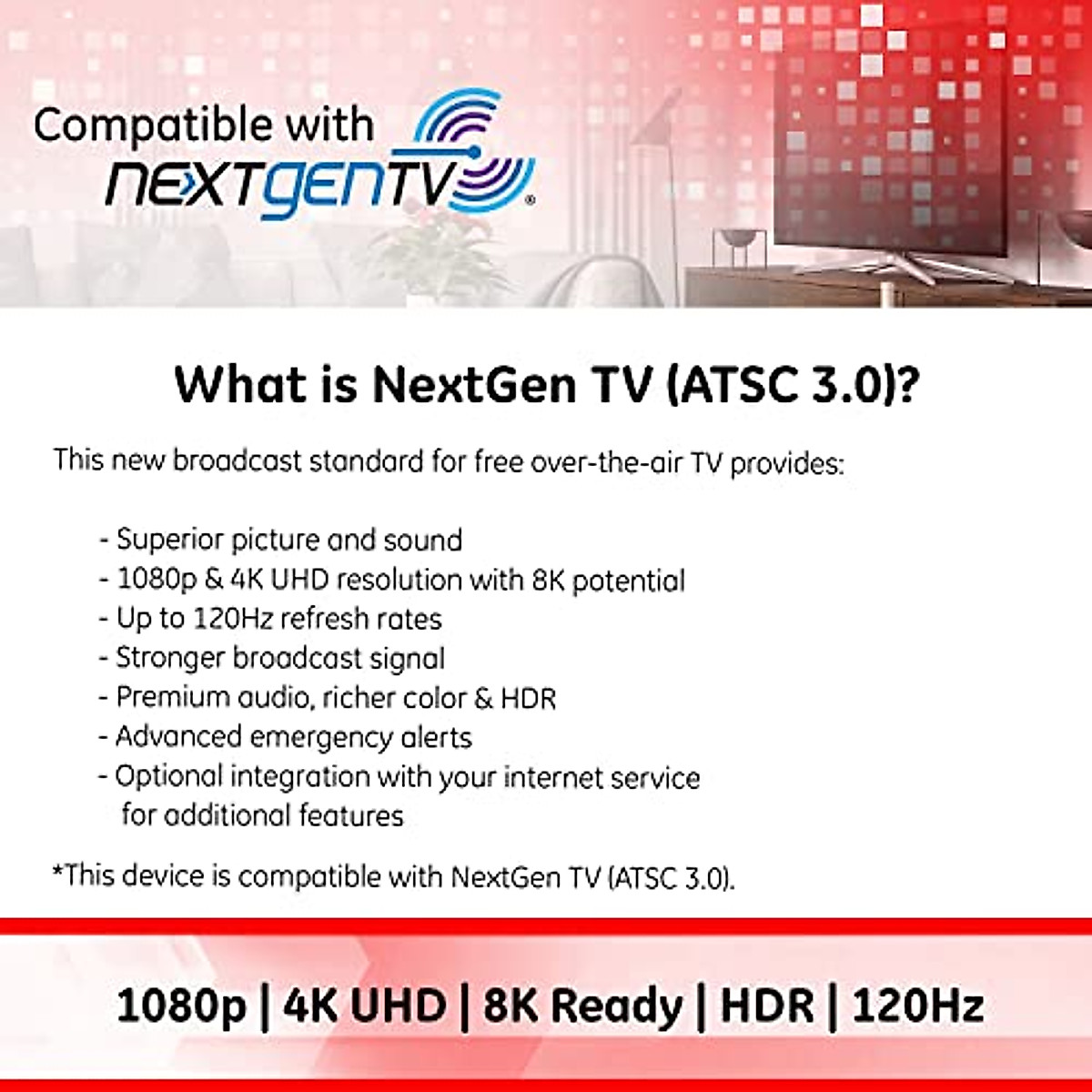 GE Ultra Edge Indoor HD Digital TV Antenna, Long Range Smart TV Antenna, Slim Décor Reversible Black White Design, Supports 4K HD Smart TV VHF UHF, 6ft Coax HDTV Cable, 11264