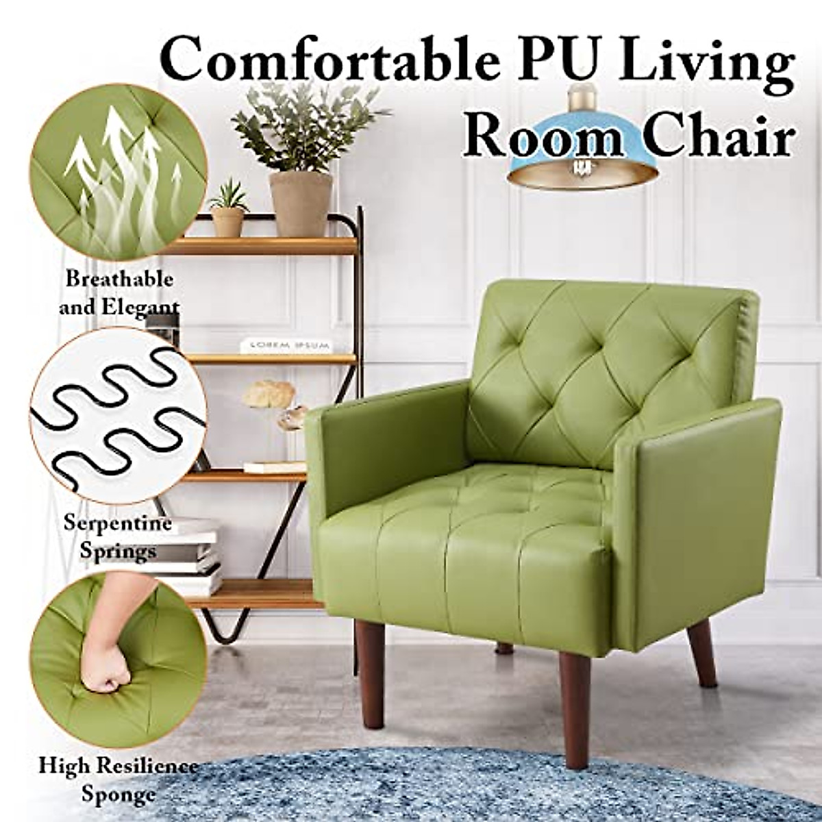 PEIHONGET Faux Leather Accent Chair, Modern Retro Arm Chair for Living Room and Bedroom Tufted Upholstered Sofa Club Chair Comfy Armchair for Small Spaces Bedroom Office (Olive)
