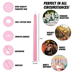 Amykite 12Pack Taper Candles - 10" Tall, Premium Unscented Dinner Candles, Burning 8 Hours, for Home Decor, Weddings, Holidays, and Parties (Pink)