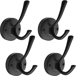 NETLKLA 4 Packs Black Coat Hooks, Robe Hook, Decorative Towel Hooks, Double Prong Hooks, Metal Closet Hooks, Wall Hooks for Hanging Towel Hooks for Bathrooms, Kitchen