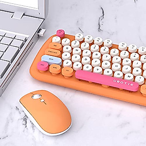 Colorful Wireless Computer Keyboards Mouse Combos, UBOTIE Polychrome Round Keycaps Retro PC Keyboards 2.4GHz Radio Frequency Connection with Optical Mouse(Orange-Colorful)