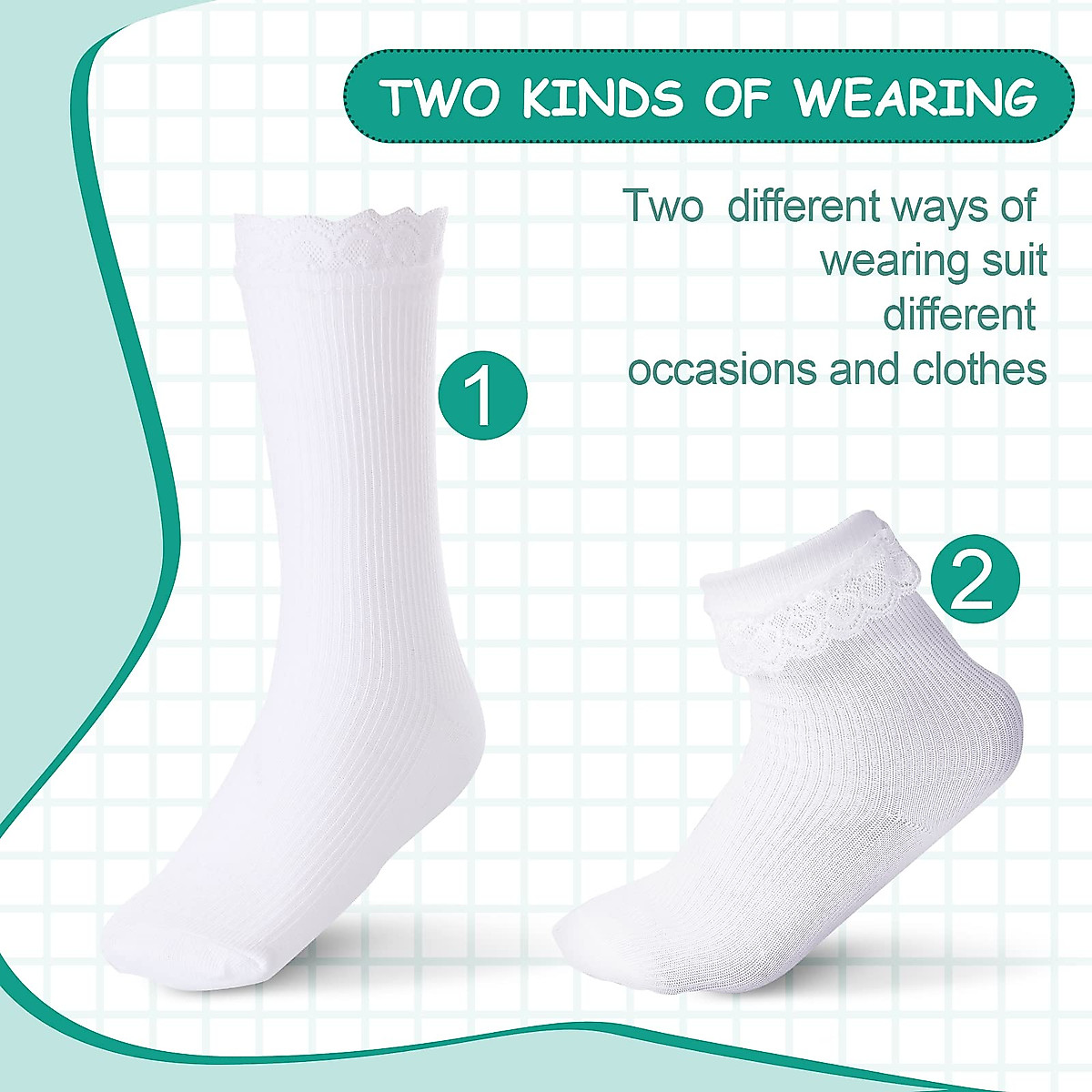 SATINIOR 6 Pairs Girls Ruffle Lace Sock White Eyelet baby Dress Socks for Girls Toddler Preschool Kindergarten(7-10 Years)