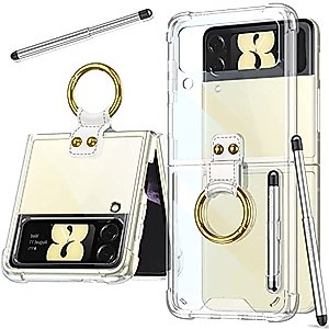 Miimall Compatible for Samsung Galaxy Z Flip 4 2022 Case with Pen, Ultra-Thin Flip 4 Case with Ring Holder, Soft TPU+PC Shockproof Anti-Scratch Clear Cover Case for Samsung Z Flip 4(Clear)