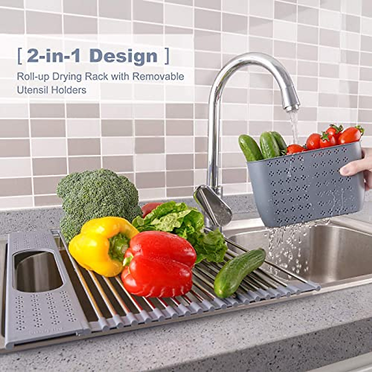 NiHome Roll Up Dish Drying Rack with Utensil Holder Over The Sink Dish Drying Rack Detachable Stainless Steel Dish Drainer,17.7" x14.7" Wide