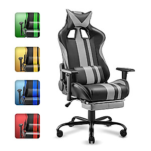 Soontrans Gaming Chair with Footrest for Adults Teens,PC Computer Chair,Home Office Gamer Chair,Racing Game Chair with Adjustable Headrest Lumbar Pillow Support(Flash Grey)
