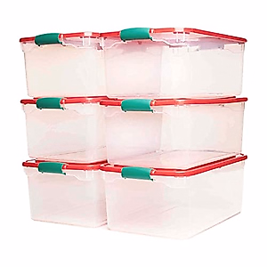 Homz 64 Quart Holiday Seasonal Decor Decoration Organizer Plastic Storage Bin Container with Red Tight Latching Lid and Green Handles, 6 Pack
