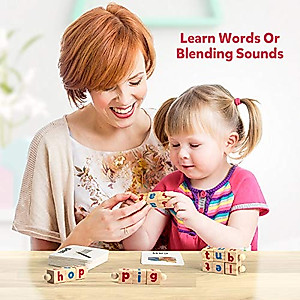 Coogam Wooden Reading Blocks Short Vowel Rods Spelling Games, Flash Cards Turning Rotating Letter Puzzle for Kids, Sight Words Montessori Spinning Alphabet Learning Toy for Preschool Boys Girls