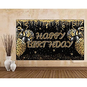 Large Gold Leopard Happy Birthday Backdrop Huge Leopard Happy Birthday Banner Cheetah Birthday Party Decoration Gold Leopard Birthday Photography Background Adults Women Birthday Backdrop (6 X 3.6 FT)