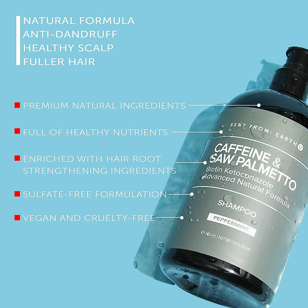 Sent From Earth Caffeine & Saw Palmetto Ketoconazole Biotin dandruff Treatment: Antifungal for Psoriasis, Folliculitis, Dermatitis, Dry Itchy Scalp Vegan Advanced Natural Formula Peppermint Shampoo