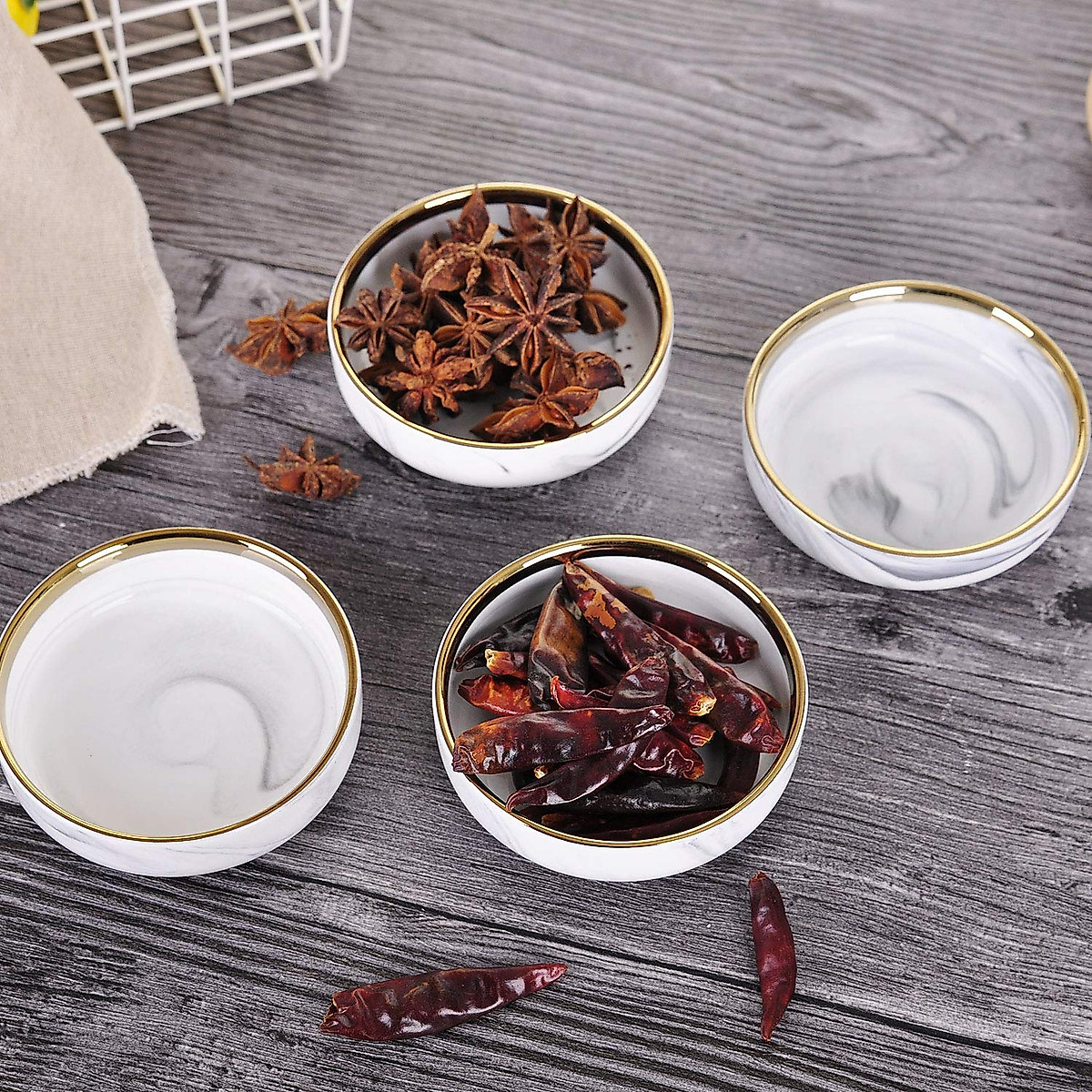 VanEnjoy 3.5 inches Marble Porcelain Side Dish Bowl Seasoning Dishes Soy Dipping Sauce Dishes-Set of 4, White with Gold Rim