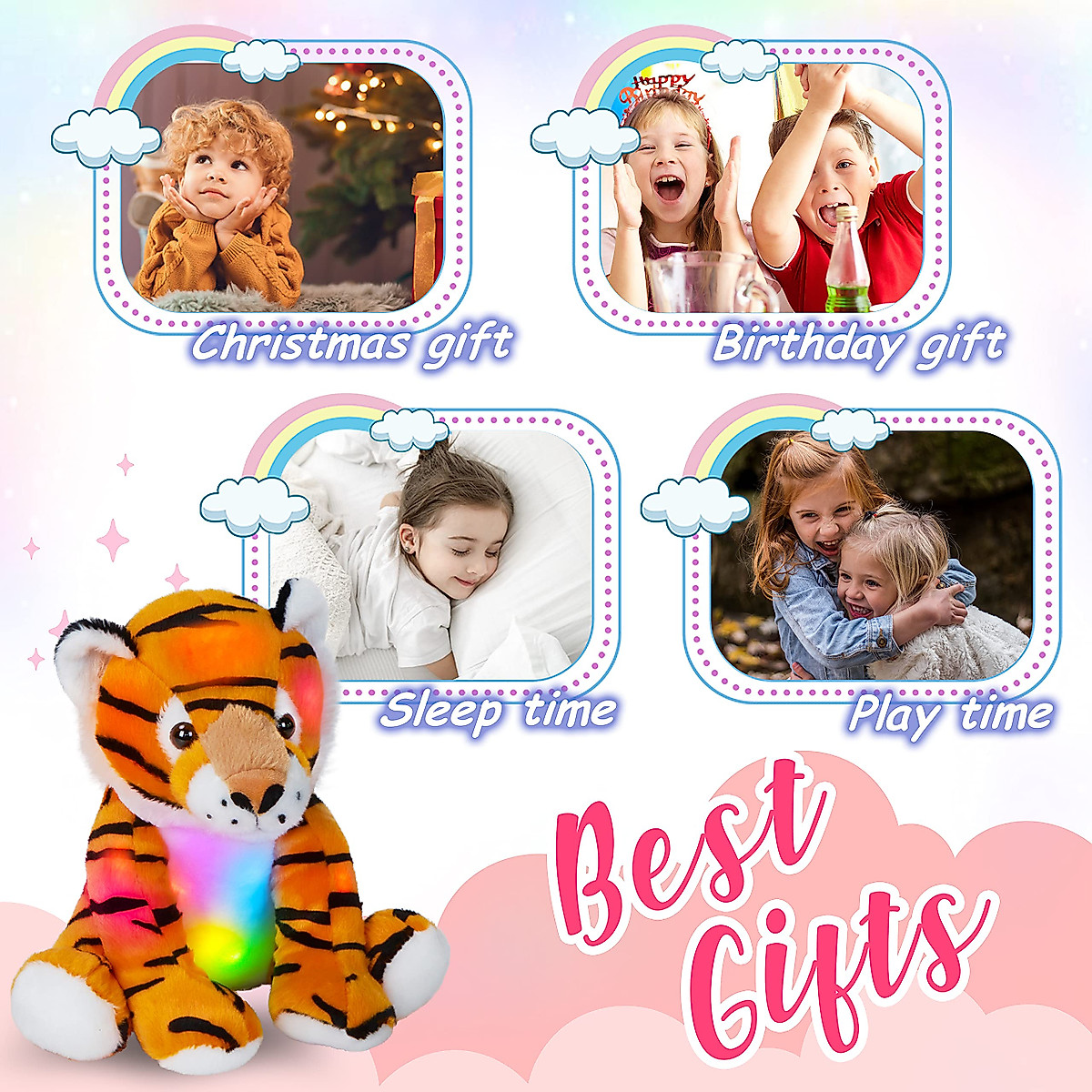 Athoinsu 11'' Light up Tiger Stuffed Animal with LED Night Light Glow in Dark Soft Plush Toy Valentine's Day Children's Day Birthday for Toddlers Kids