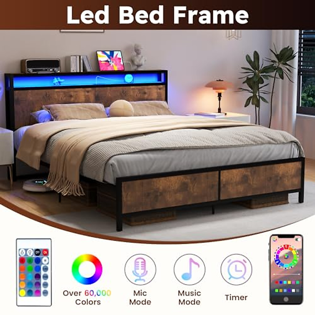 Kiivakii Full Bed Frame with Headboard Storage, LED Platform Bed with USB Ports for Bedroom Farmhouse, Heavy Duty, Wooden Board Decoration, Noise Free No Box Spring Needed, Rustic Brown