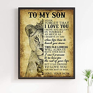 "To My Son-Never Forget That I Love You" Motivational Family Wall Art -11 x 14" Typographic Wall Decor w/Lioness & Cub Image-Ready to Frame. Inspirational Keepsake for Any Son. Great Graduation Gift!