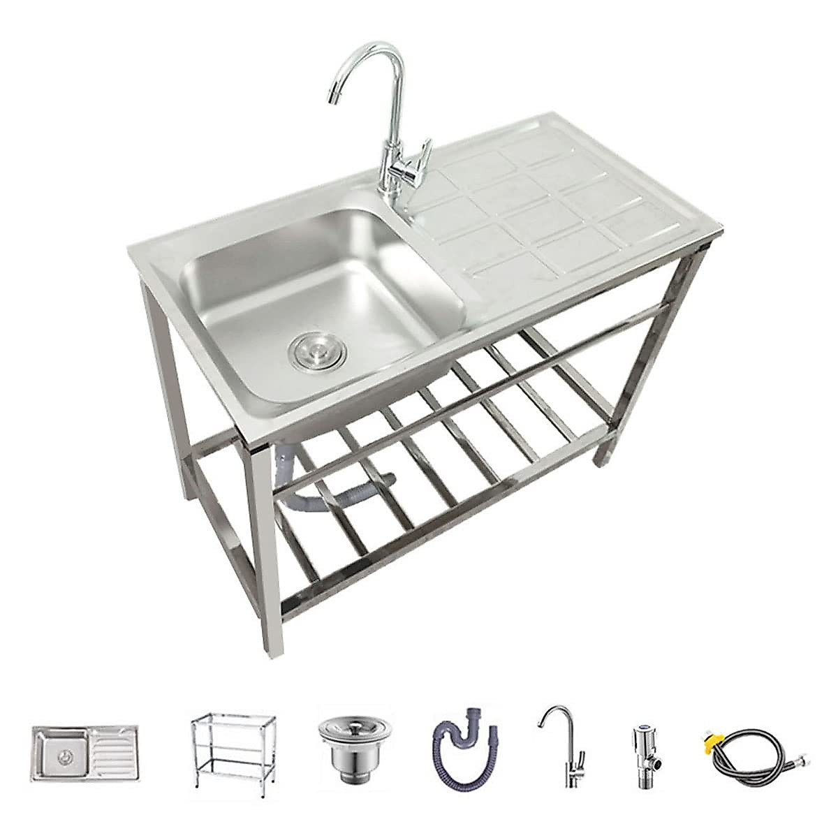 ZHXIPP Freestanding Kitchen Sink Commercial Stainless Steel Single Bowl Sink with Storage Shelves Restaurant Sink Utility Utility Washing Hand Basin 29.5 x15.7 X 29.5 in (Silver)