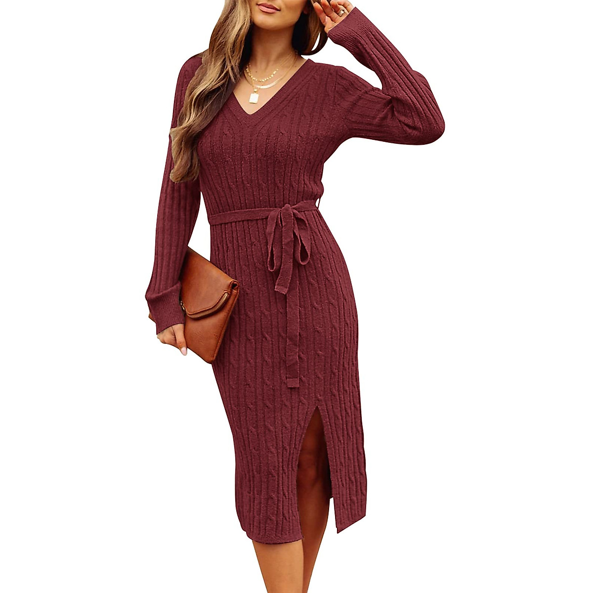 MEROKEETY Women's Long Sleeve V Neck Cable Knit Belted Bodycon Slit Sweater Dress for Party,Burgundy,S