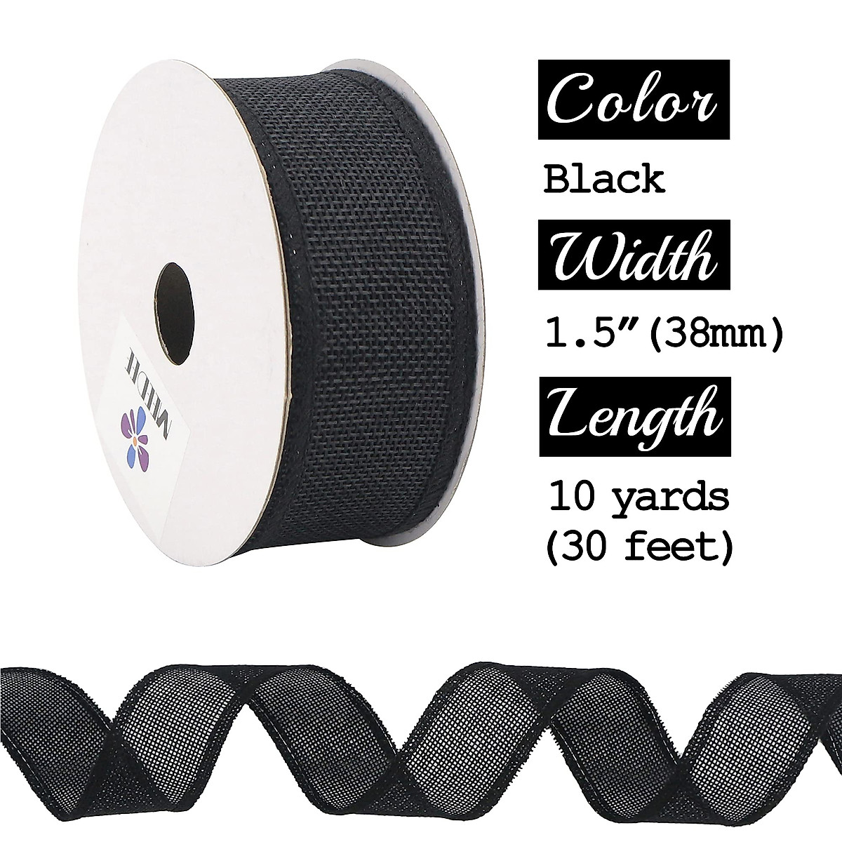 MEEDEE Black Burlap Wired Ribbon - 1.5 Inch, 10 Yards for Crafts, Weddings, Gift Wrapping, Home Decorating