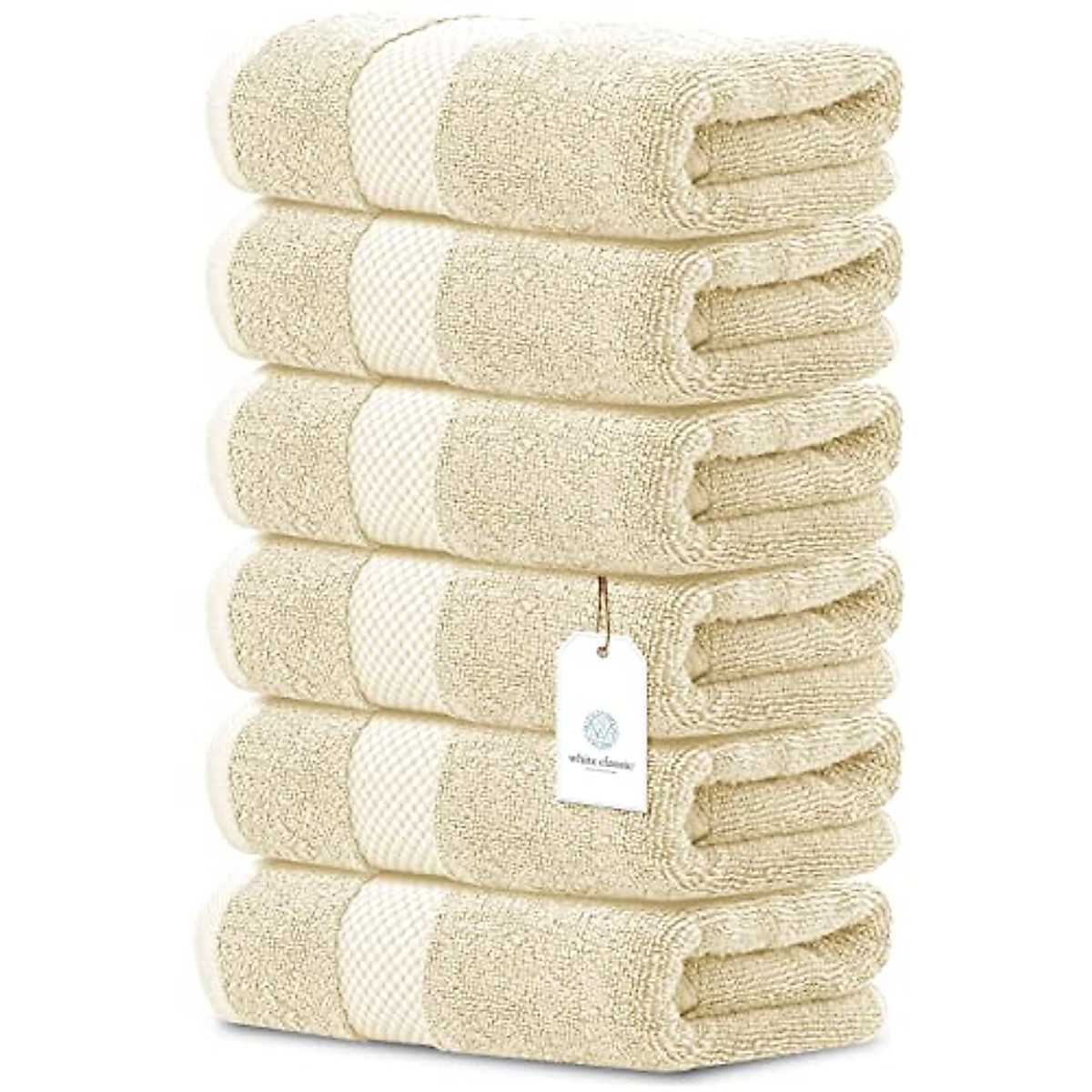 White Classic Luxury Hand Towels | 6 Pack Luxury Cotton Washcloths | 12 Pack Bundle (Beige)