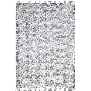 Casavani Hand Made Cotton Dhurrie Abstract Blue & Beige Tassel Rug Easy Care Washable Rugs for Doormat Entryway Living Room Bedroom Hallway Balcony 12x12 Feet Square