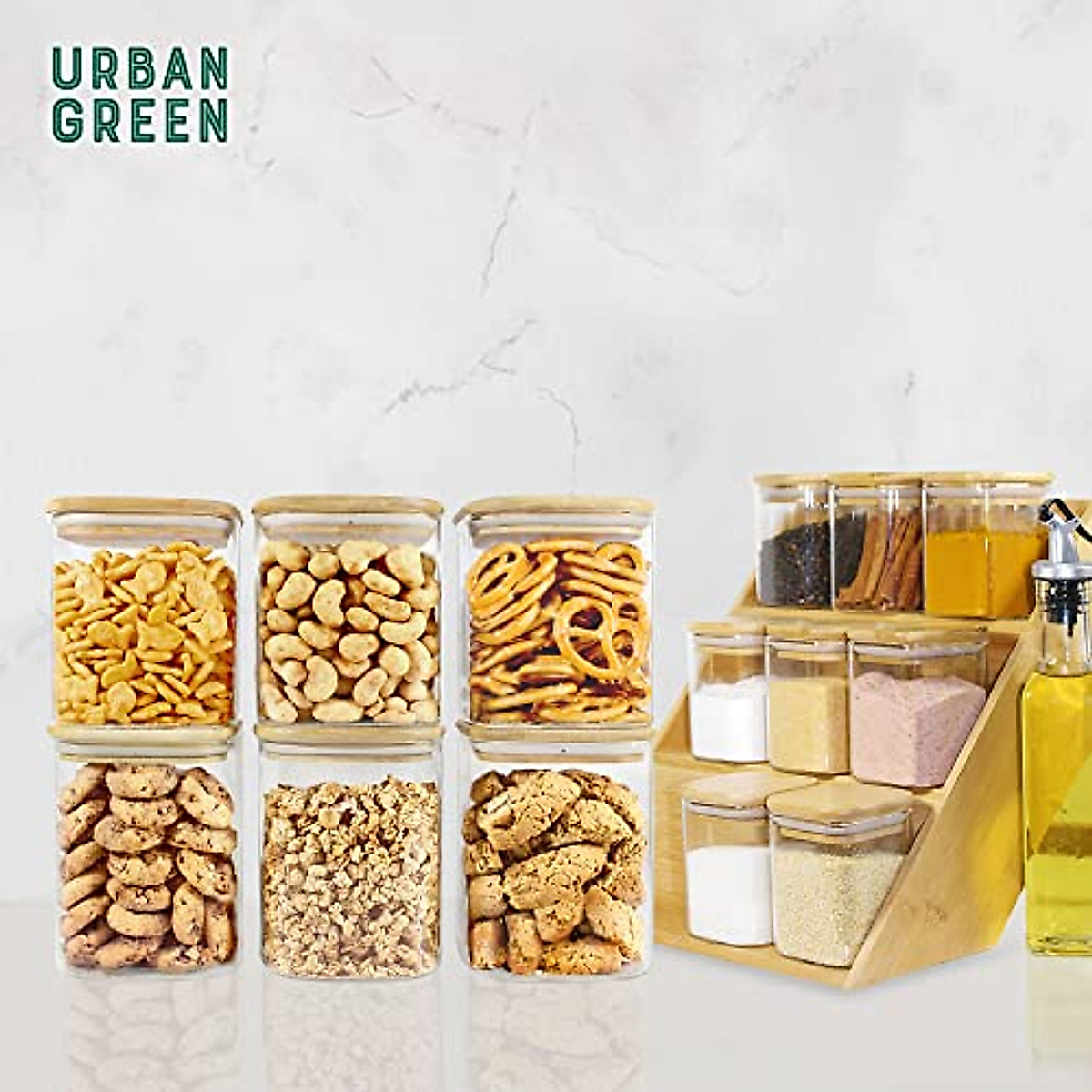 Glass Jars with Bamboo Lids, Square Glass Jar with airtight lids of 6 pack of 28oz, Square glass storage jars with airtight lids, Glass Food Storage Containers with airtight lids, Glass Panty Jars