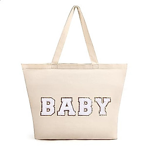 Chenille Letter Canvas Tote Baby Bag for Mom, Large Preppy Patch Shoulder Handbag with Zipper Handle, Cute Makeup Bag Portable Diaper Tote Hospital Bags Essentials for Labor and Delivery Gift(BABY)