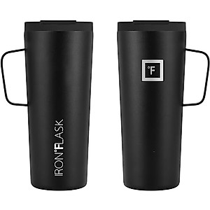 IRON °FLASK Grip Novelty Coffee Mug - Leak Proof, Vacuum Insulated Stainless Steel Bottle, Double Walled, Thermo Travel, Hot Cold, Water Metal Canteen - Midnight Black, 24 Oz - Rubber Bottom