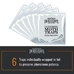 Dr. Killigan's Premium Clothing Moth Traps with Pheromones Prime | 6-Pack Non-Toxic Clothes Moth Trap with Lure for Closets & Carpet | Moth Treatment & Prevention | Case Making & Web Spinning (Black)