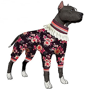 LovinPet Dog Pajamas for Large Dogs, UV & Post Operative Protection, 4 Legged High Collar Dog Onesies,Lightweight Stretchable Large Floral Plum Prints Large Dog Pajamas as Base Shirt for Dog Dresses M
