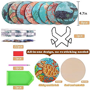 BSRESIN 8 Pcs Diamond Painting Coasters with Holder, Ocean Diamond Art Coasters DIY Crafts for Adults, Small Diamond Painting Kits Supplies