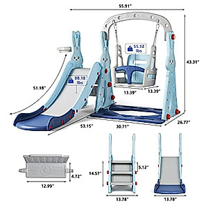 JOYLDIAS 4 in 1 Toddler Slide and Swing Set, Kid Climber Slide Playset w/Safety Belt, Basketball Hoop & Ball, Extra Long Slide, Children Toy Game for Indoor Outdoor Playground Backyard (Blue Rabbit)