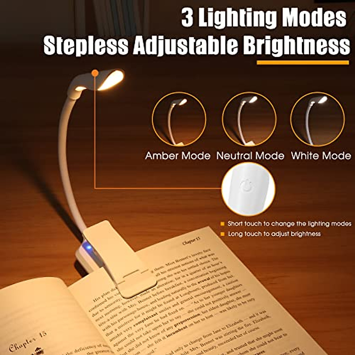 LOYAL SEA Rechargeable Book Light Clip on for Reading in Bed, Eye Care Stepless Dimming 3 Colour Modes Reading Light for Books in Bed, Reading Book Lamp for Bedside Table, Perfect for Readers, Kids