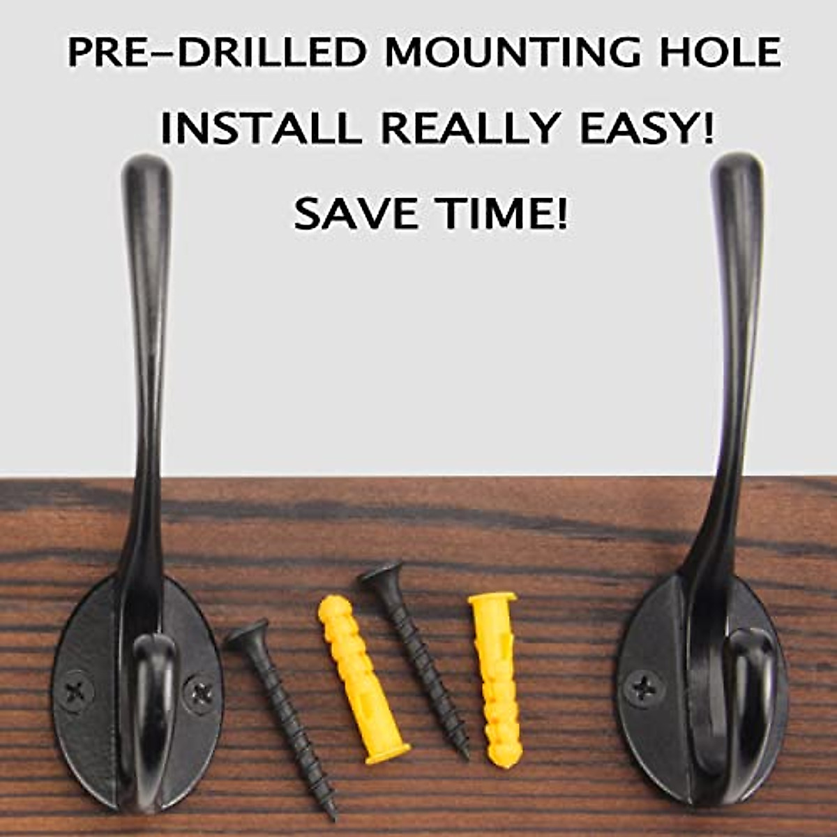 BEIUTAO Coat Rack Wall Mounted, Wooden Board Coat Rack with 5 Coat Hooks, Heavy Duty, Wall Hooks for Coat Towel Bags, Entryway, Bathroom (Black, 2 Packs)