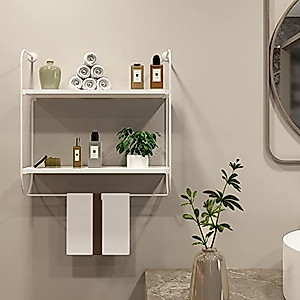 WELLAND 2-Tier Wall Mounted Bathroom Shelf with Towel Rack, 17" White Floating Shelves Towel Shelves Over Toilet Storage Shelving for Bathroom, Living Room, Kitchen