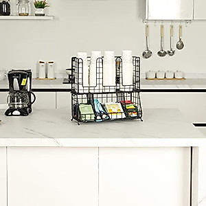 Countertop & Wall Mounted Coffee Condiment Organizer with 2 Removable Dividers, Metal Cup Dispenser Coffee Station Organizer, Stackable Coffee Bar Organizer for Breakroom Office Kitchen