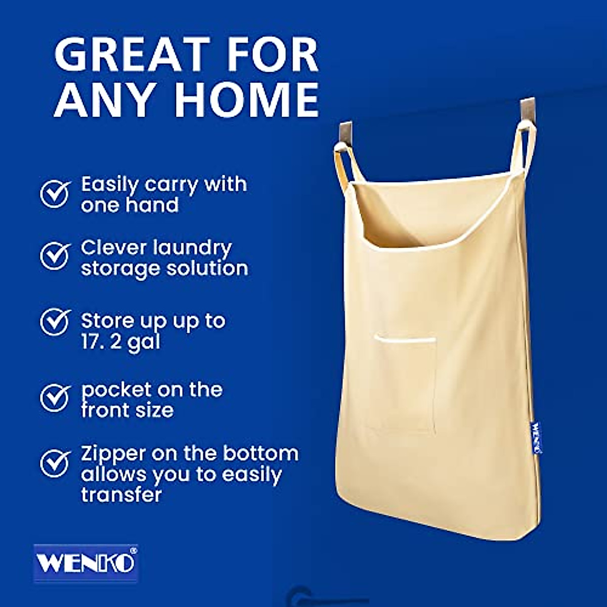 WENKO Laundry Hamper Bag Hanging, Over The Door Basket with Hooks, for Bathroom, Closet, Space Saving Storage, Wall mounted 3.94 x 20.47 x 31.89 in, Beige