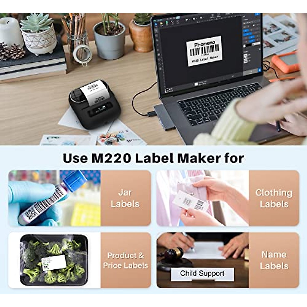 Phomemo M220 Label Maker, Bluetooth Label Printer, 3.14 Inch Portable Thermal Label Maker Machine for Barcode, Labeling, Organizing, Small Business, Compatible with iOS & Android, with 3 Label
