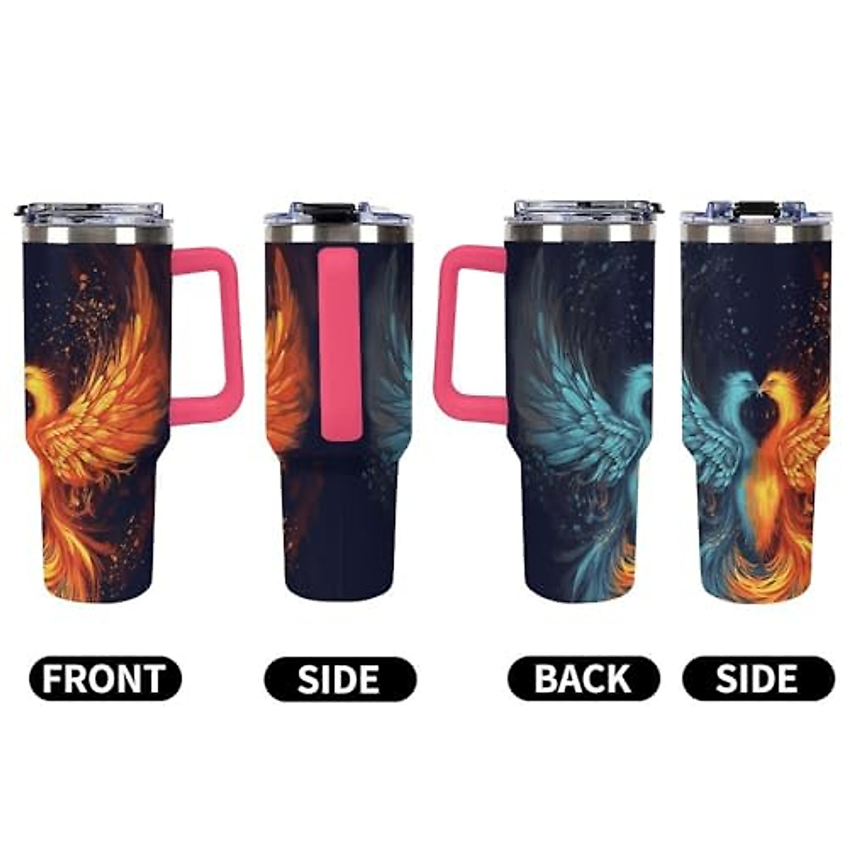 40 Oz Vacuum Tumbler with Light Rose Red Handle Leakproof Insulated Tumbler Fire And Water Phoenix Stainless Steel Travel Mug with Lid And Straw Coffee Cup Cute Water Bottles Cup Holder Friendly
