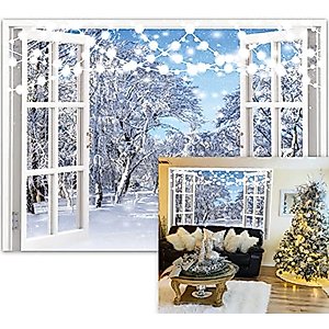 BINQOO 7x5ft Winter Landscape Window Photography Backdrop Christmas Snow Trees Scenery Background Baby Shower Kids Birthday Party Portrait Photo Studio Props